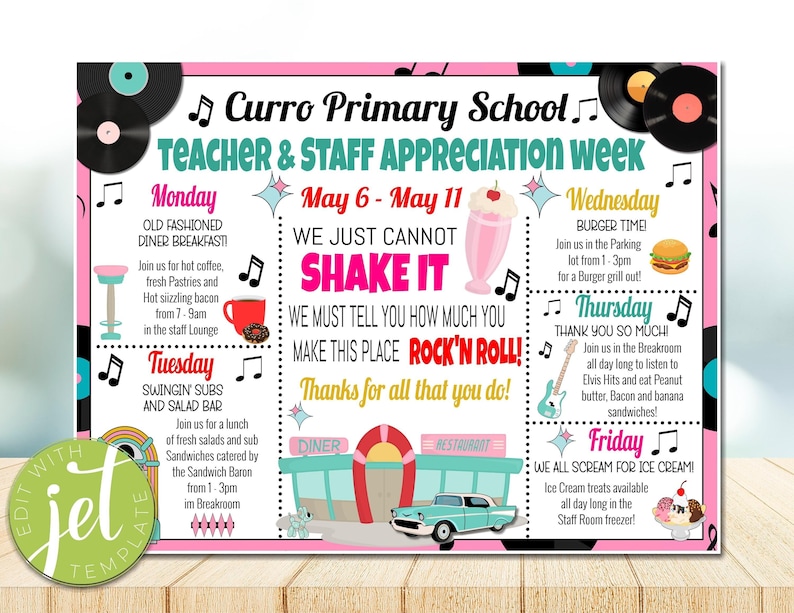 EDITABLE 1950's Diner Themed Teacher Appreciation Week Itinerary Flyer ... EDITABLE 1950's Diner Themed Teacher Appreciation Week Itinerary Flyer ...