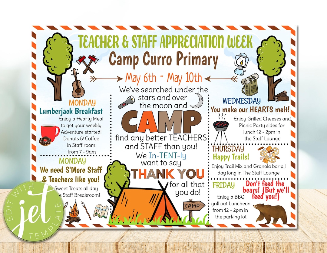 EDITABLE Camp Themed Teacher Appreciation Week Itinerary Poster ...