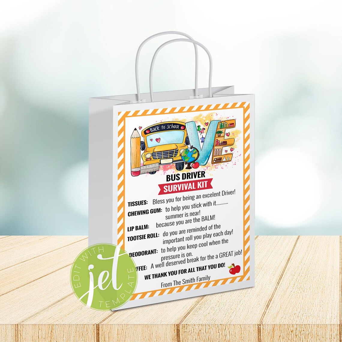 Editable School Bus Driver Survival Kit, Gift Bag Label, Appreciation ...