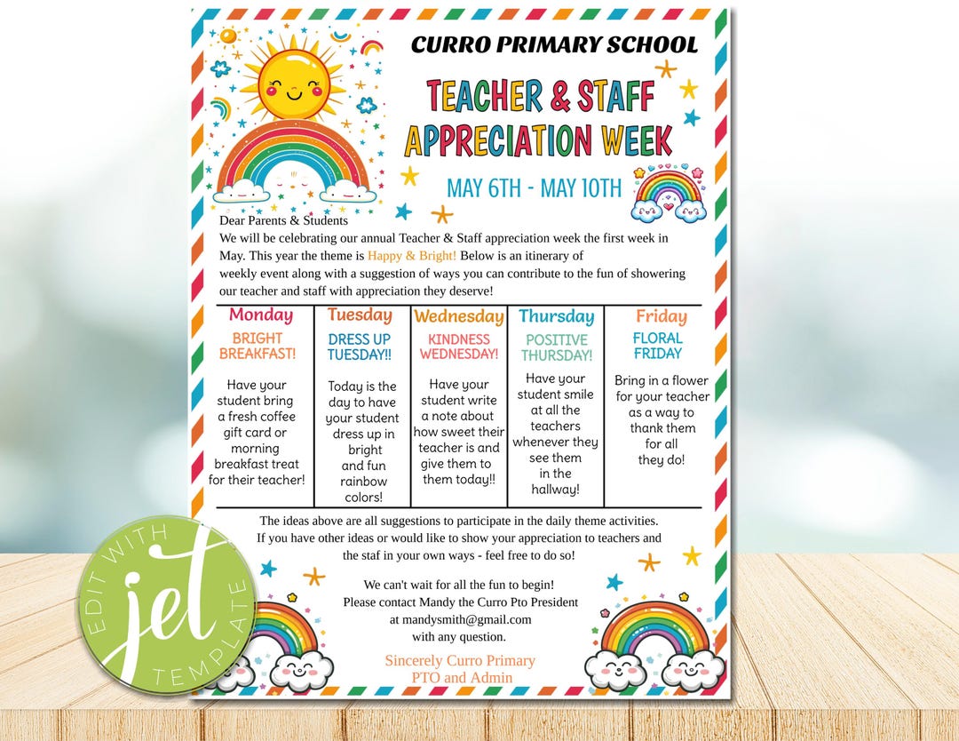 Editable Rainbow Theme Teacher Appreciation Staff Newsletter, Happy and ...