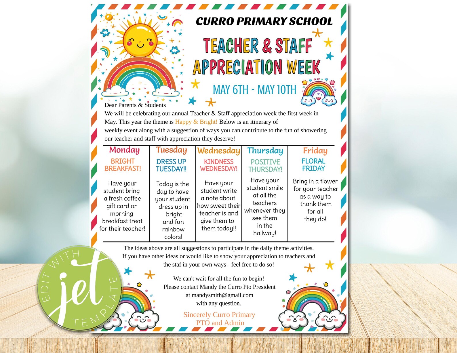 Editable Rainbow Theme Teacher Appreciation Staff Newsletter, Happy and ...