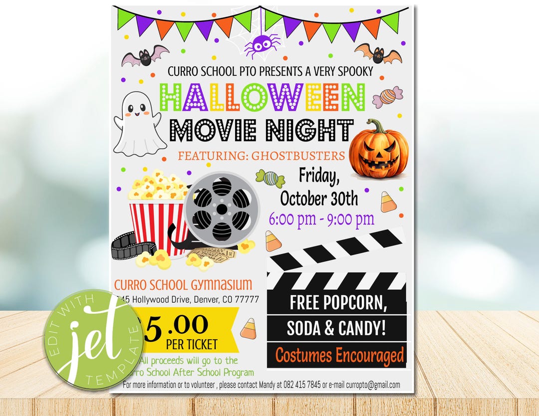 Editable Halloween Movie Night Flyer, PTA PTO Flyer Fall School Church ...