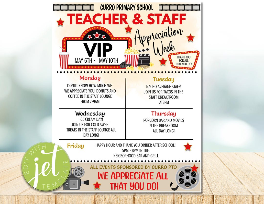 EDITABLE Hollywood Teacher Appreciation Week Itinerary Flyer Movie ...
