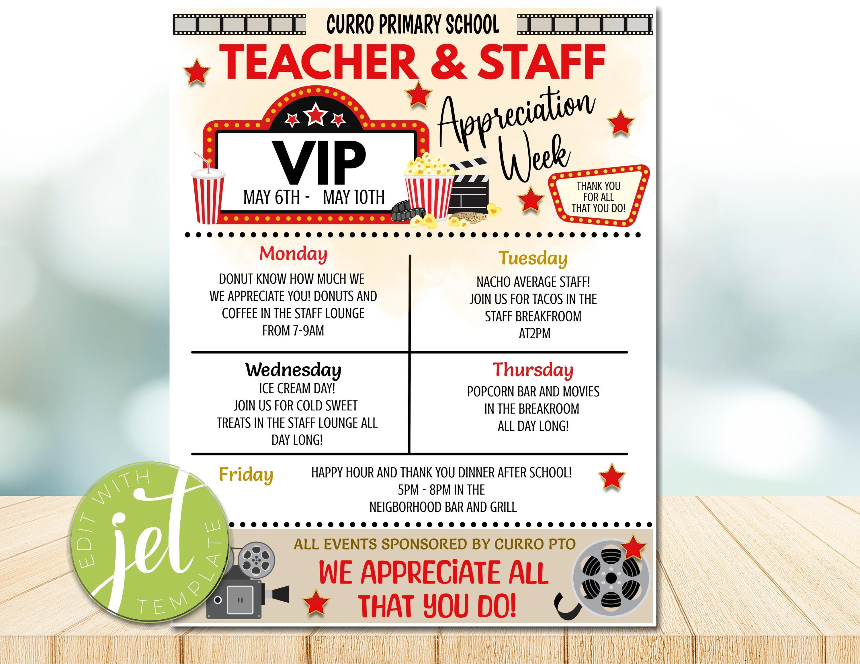 EDITABLE Hollywood Teacher Appreciation Week Itinerary Flyer Movie ...