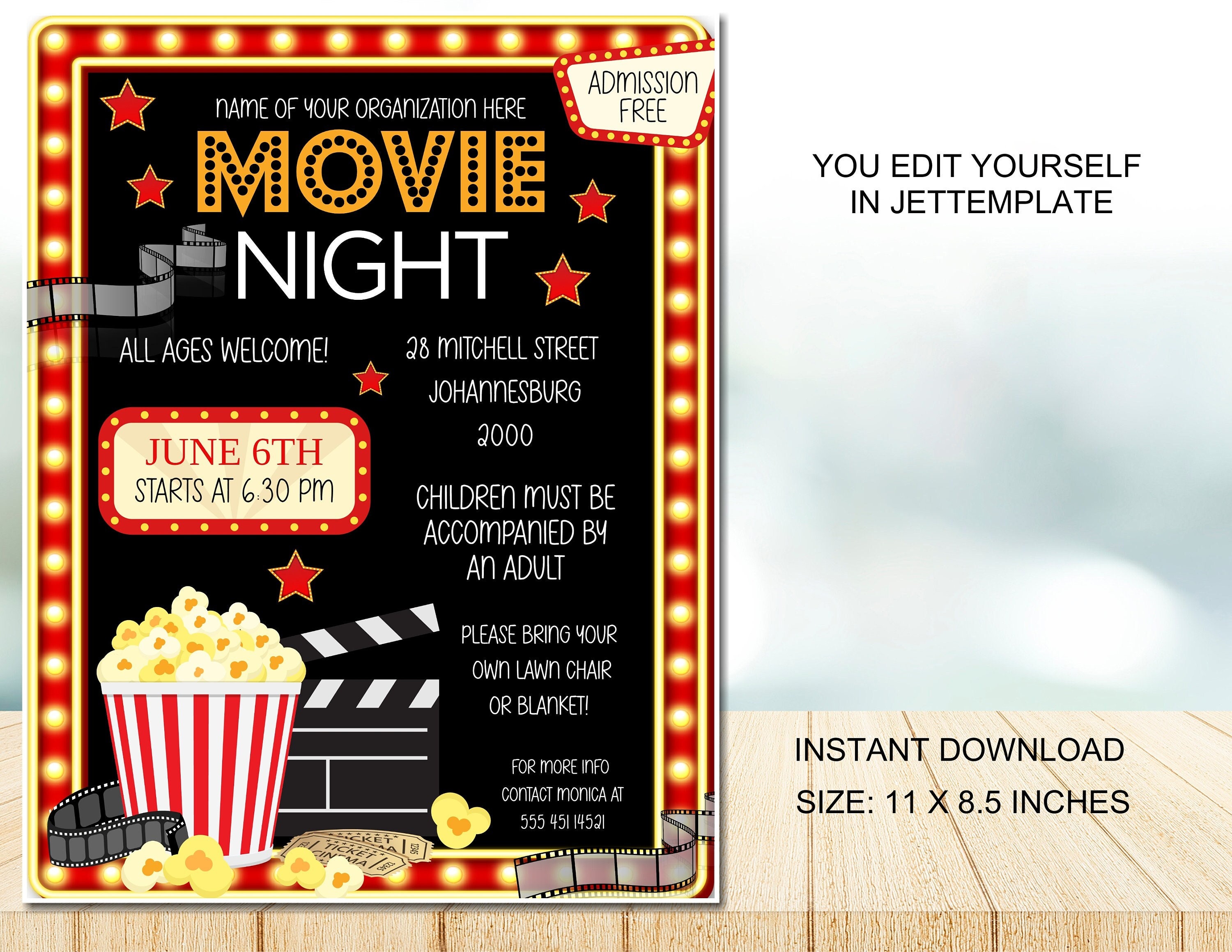 EDITABLE Movie Night Flyer, Printable PTA PTO Flyer, School Church ...