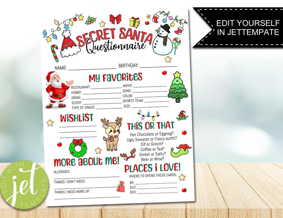 EDITABLE Secret Santa Questionnaire, Secret Santa Gift Exchange ...