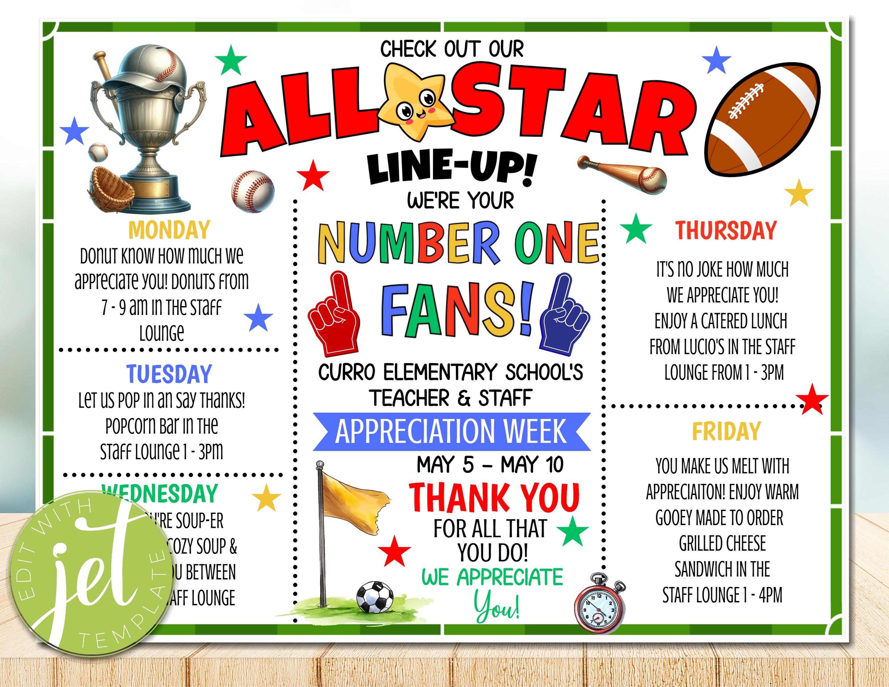 EDITABLE Sports All Star Vip Teacher Appreciation Week, Itinerary ...