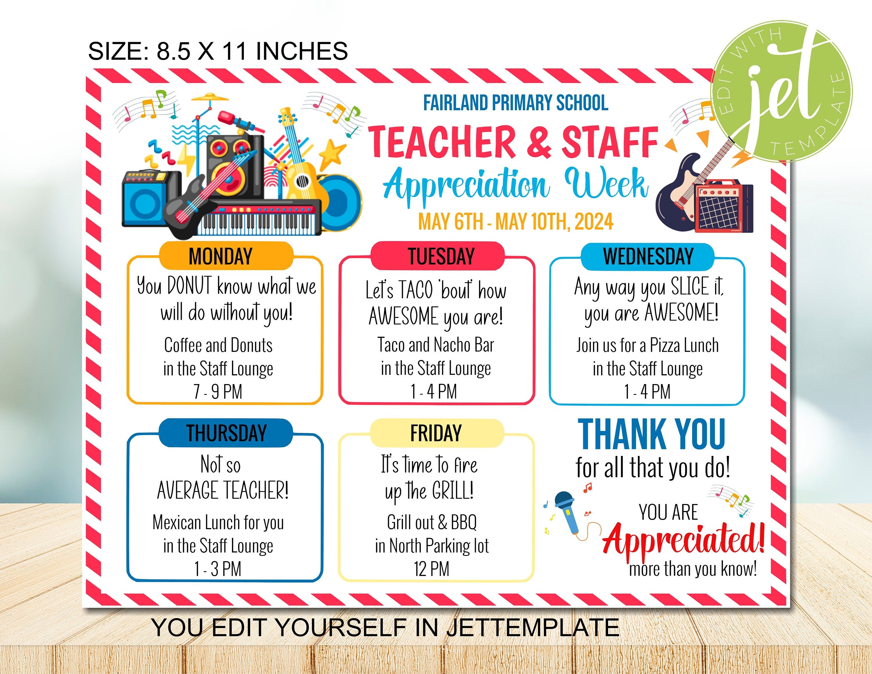 EDITABLE Rock Star Teacher and Staff Appreciation Week Itinerary ...