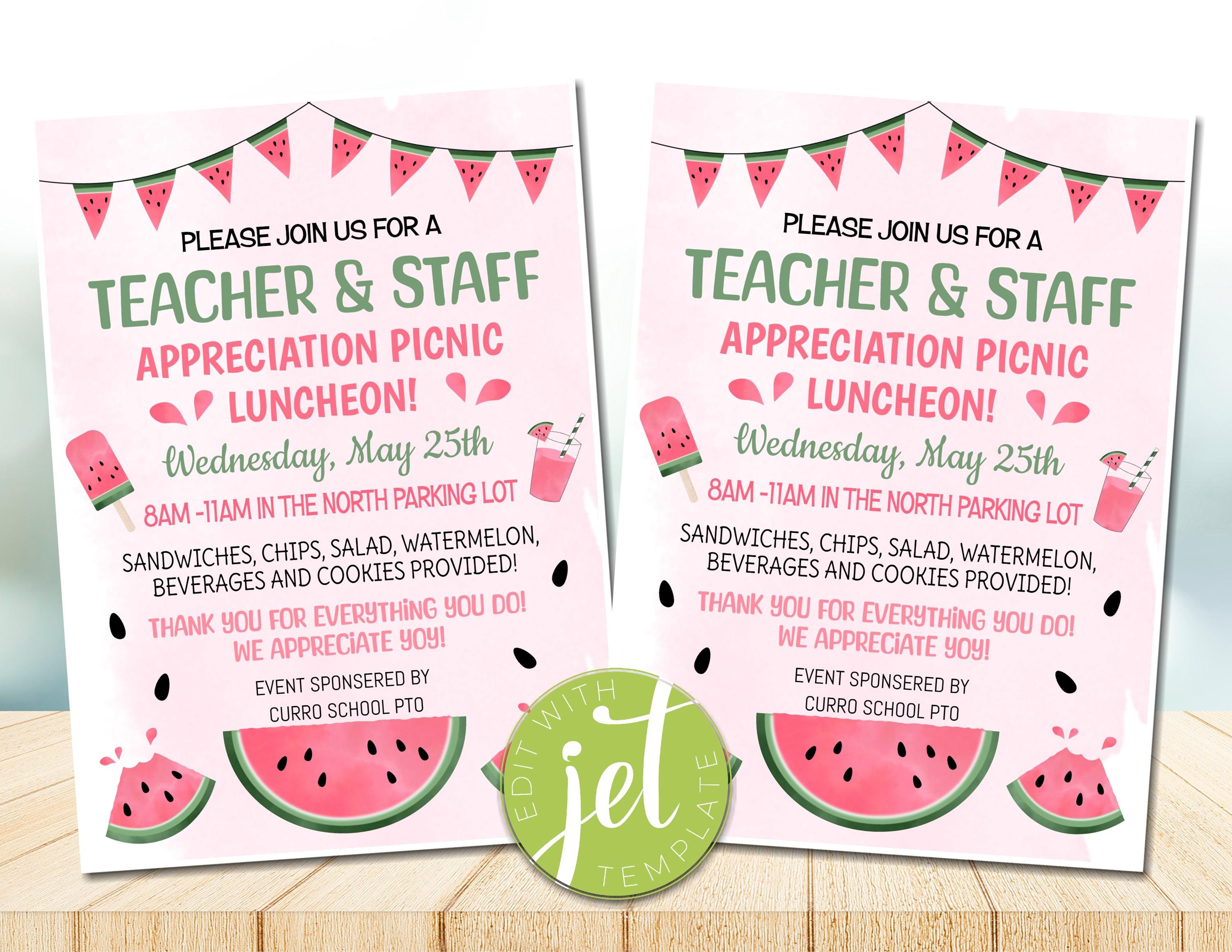 EDITABLE Staff Teacher Appreciation Week Invitation, Watermelon Picnic ...