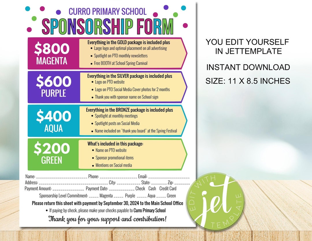 Editable PTO PTA Sponsorship Levels Form Template, School Sponsorship Sheet, Non-profit Form ...
