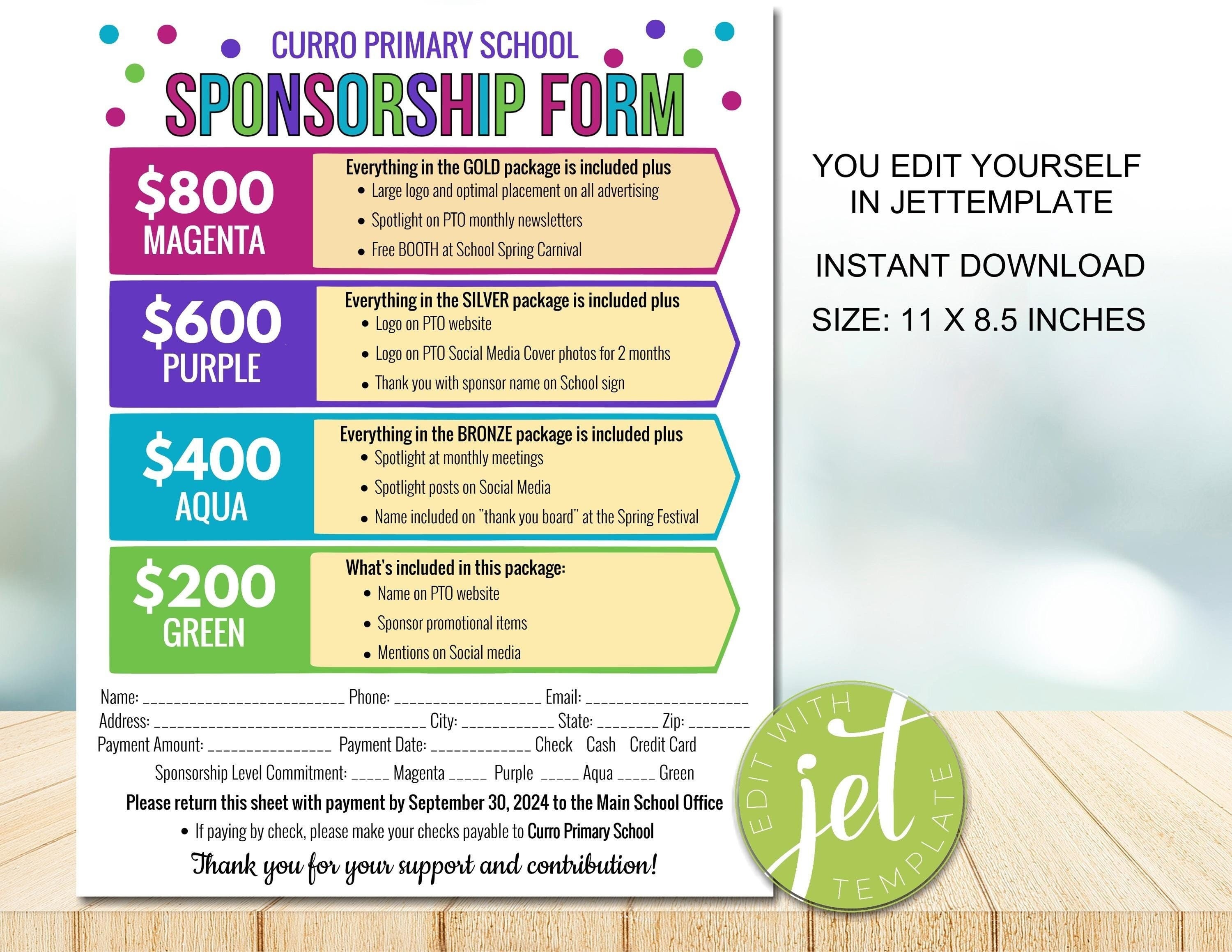Editable PTO PTA Sponsorship Levels Form Template, School Sponsorship ...