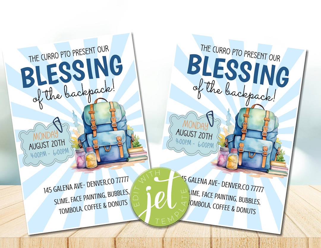 Editable Backpack Blessing Invite, Church Backpack Event, Blessing ...