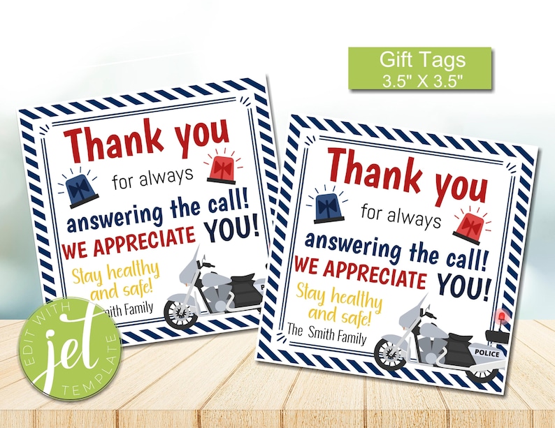 Editable Police Appreciation Gift Tag, Thank You Gift First Responder ...