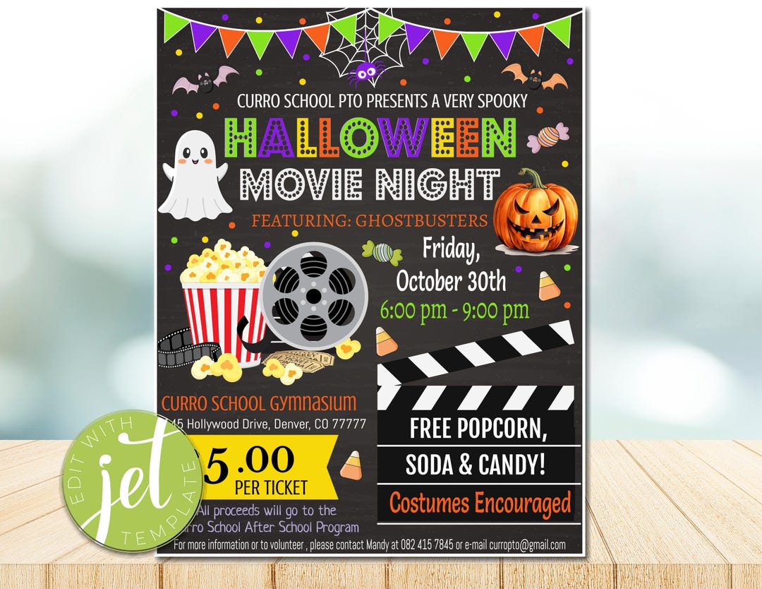 Editable Halloween Movie Night Flyer, PTA PTO Flyer Fall School Church ...
