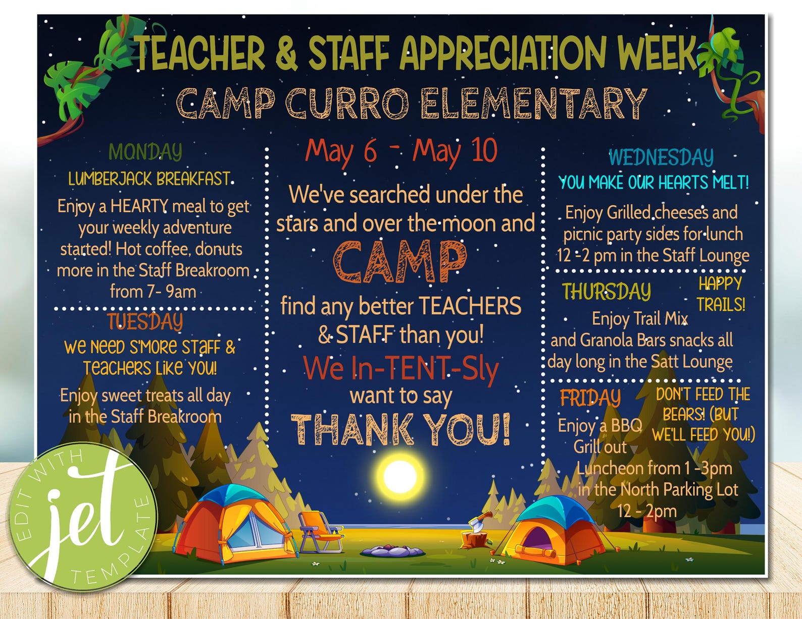 Camp Theme Teacher Appreciation Week Itinerary Flyer, Editable Outdoor ...