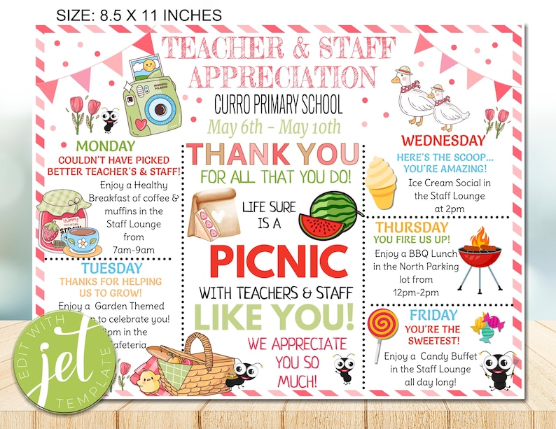 EDITABLE Picnic Themed Teacher Appreciation Week Itinerary Flyer ...