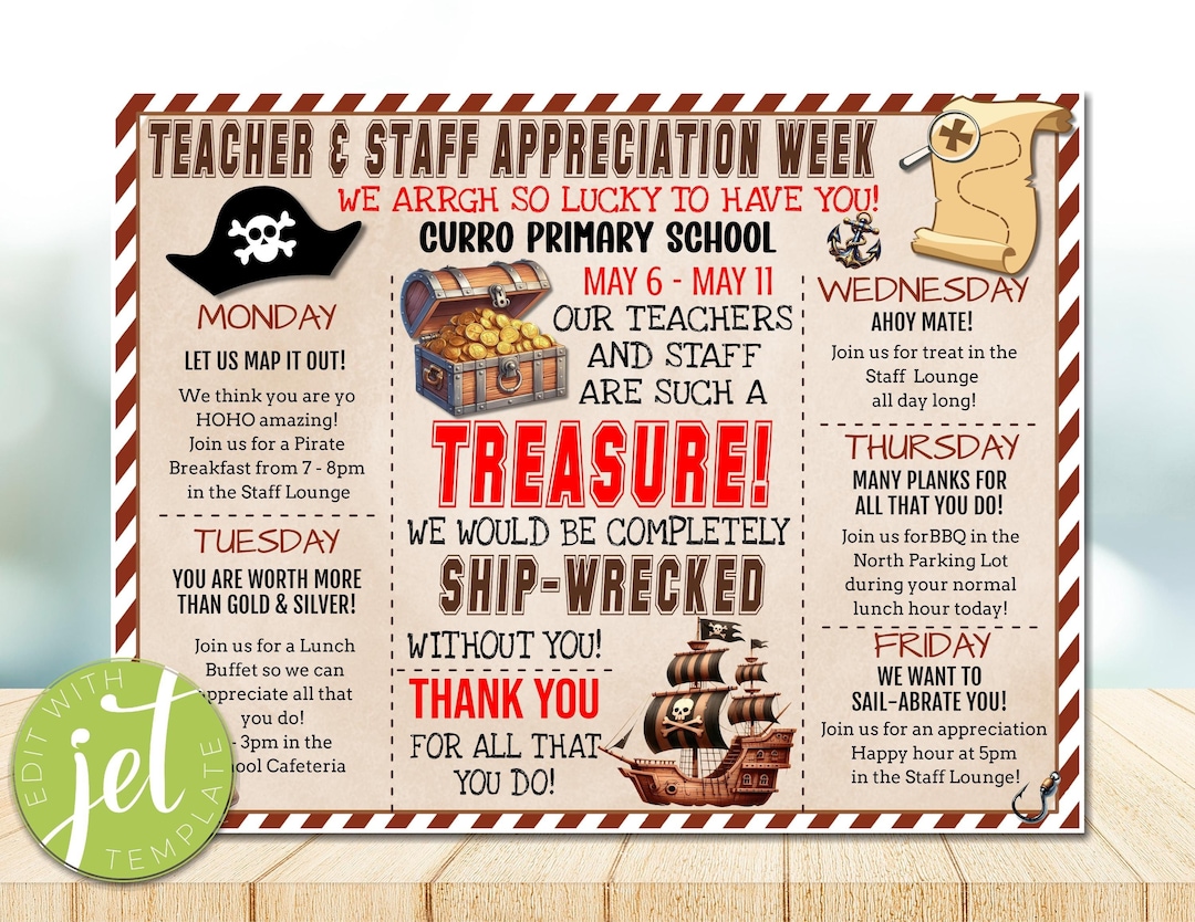 Editable Pirate Teacher Appreciation Week Itinerary, Treasure Map Flyer ...