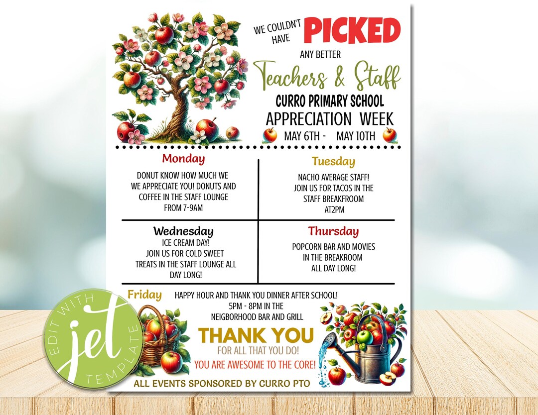 EDITABLE Apple Tree Teacher Appreciation Week Itinerary, Events ...