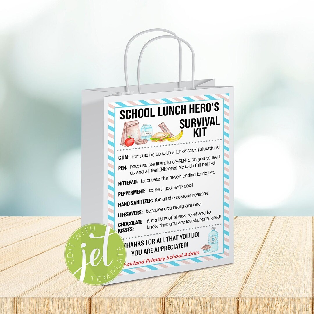EDITABLE School Lunch Worker Survival Kit Gift Bag Label, National ...