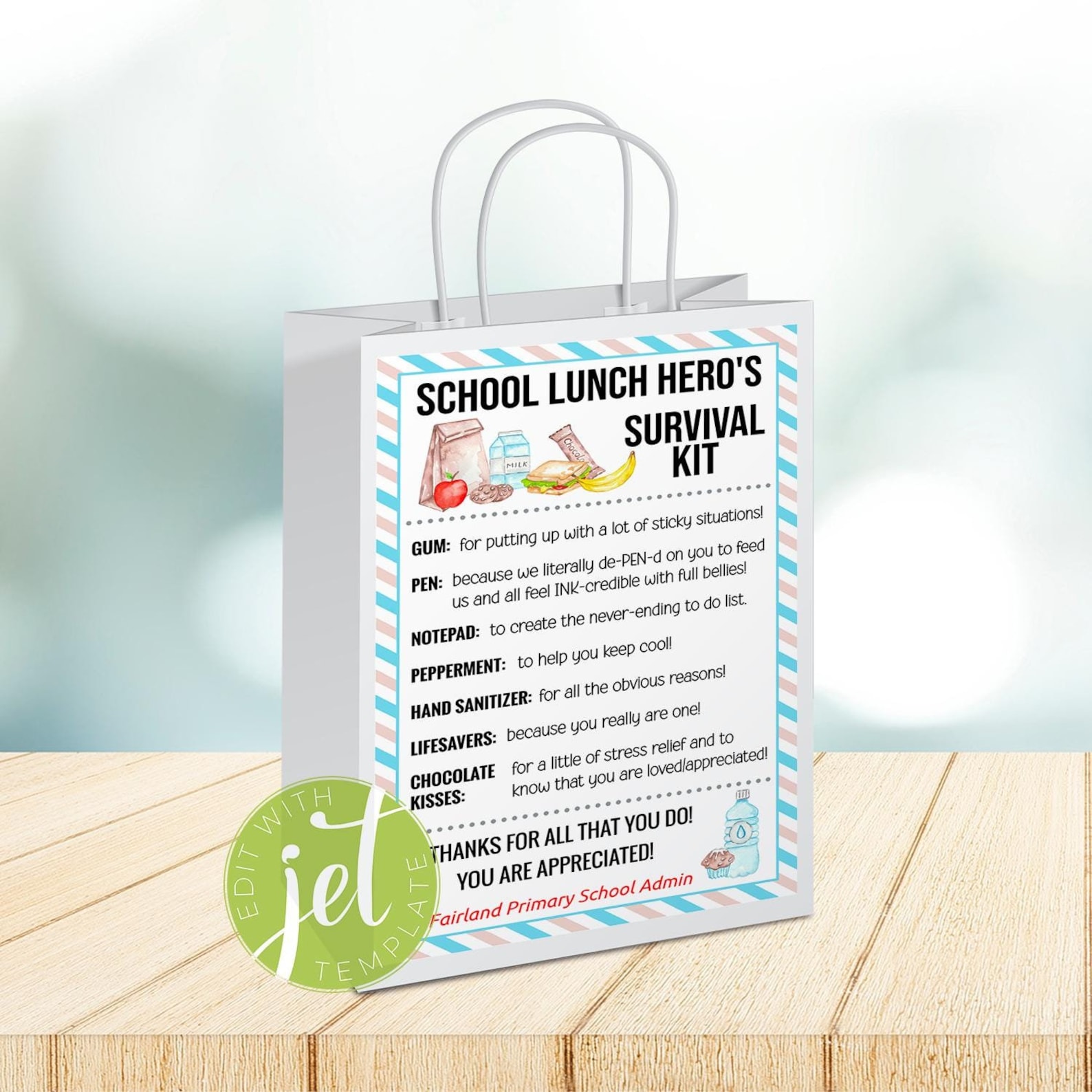 EDITABLE School Lunch Worker Survival Kit Gift Bag Label, National ...