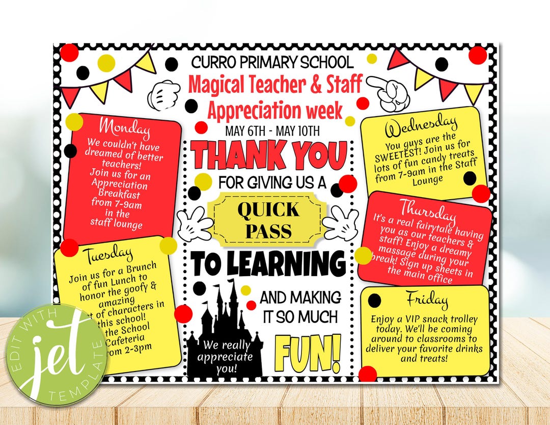 EDITABLE Magical Theme Teacher Appreciation Week Itinerary Flyer ...