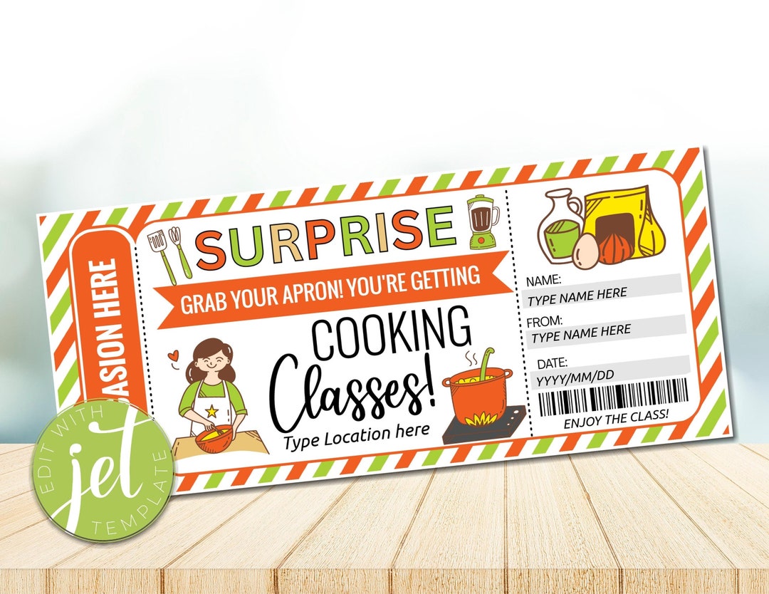 Editable Cooking Classes Gift Certificate Ticket Template, Birthday ...