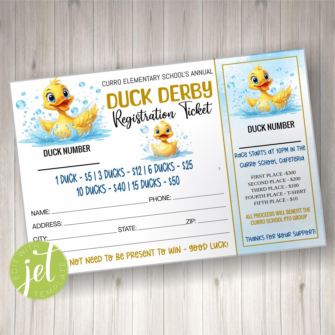 Editable Duck Derby Duck Race Fundraiser Registration Ticket Template ...