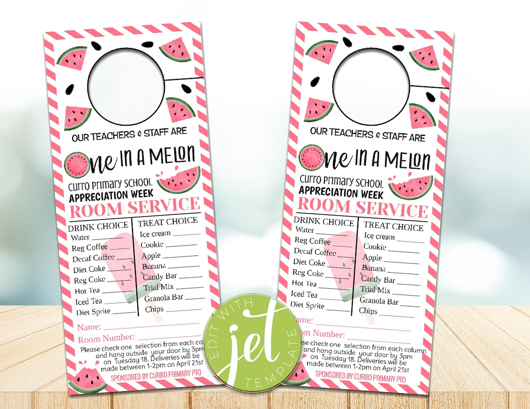 Editable One in a Melon Theme Room Service Door Hanger, Teacher and ...