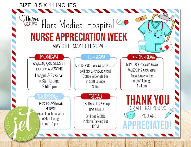 EDITABLE Nurses Appreciation Week Itinerary Poster, Heart Medical ...