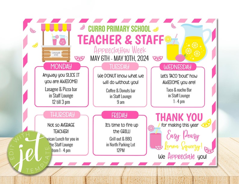 EDITABLE Lemonade Teacher and Staff Appreciation Flyer, Lemon Itinerary ...
