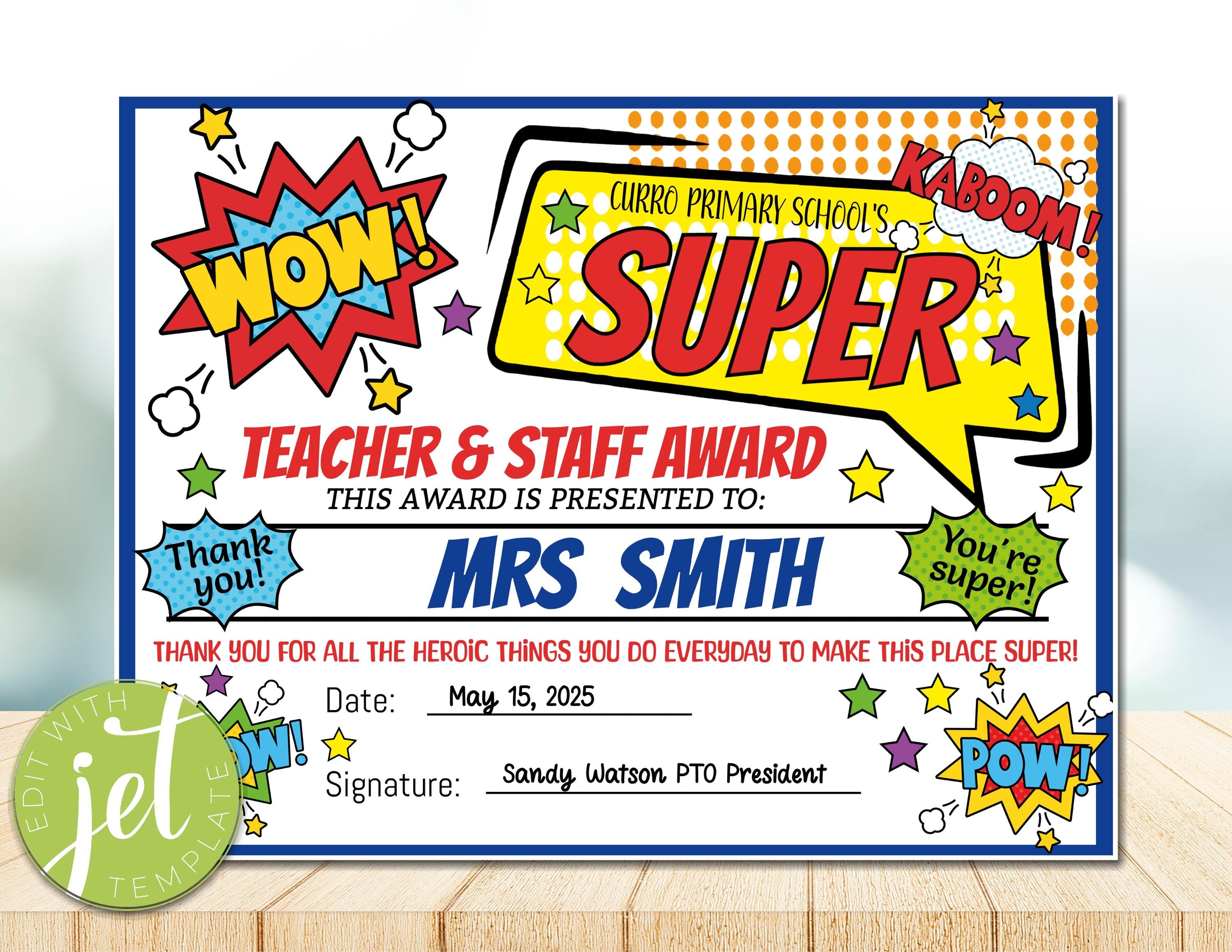 EDITABLE Superhero Theme Teacher Appreciation Week Award Certificate ...