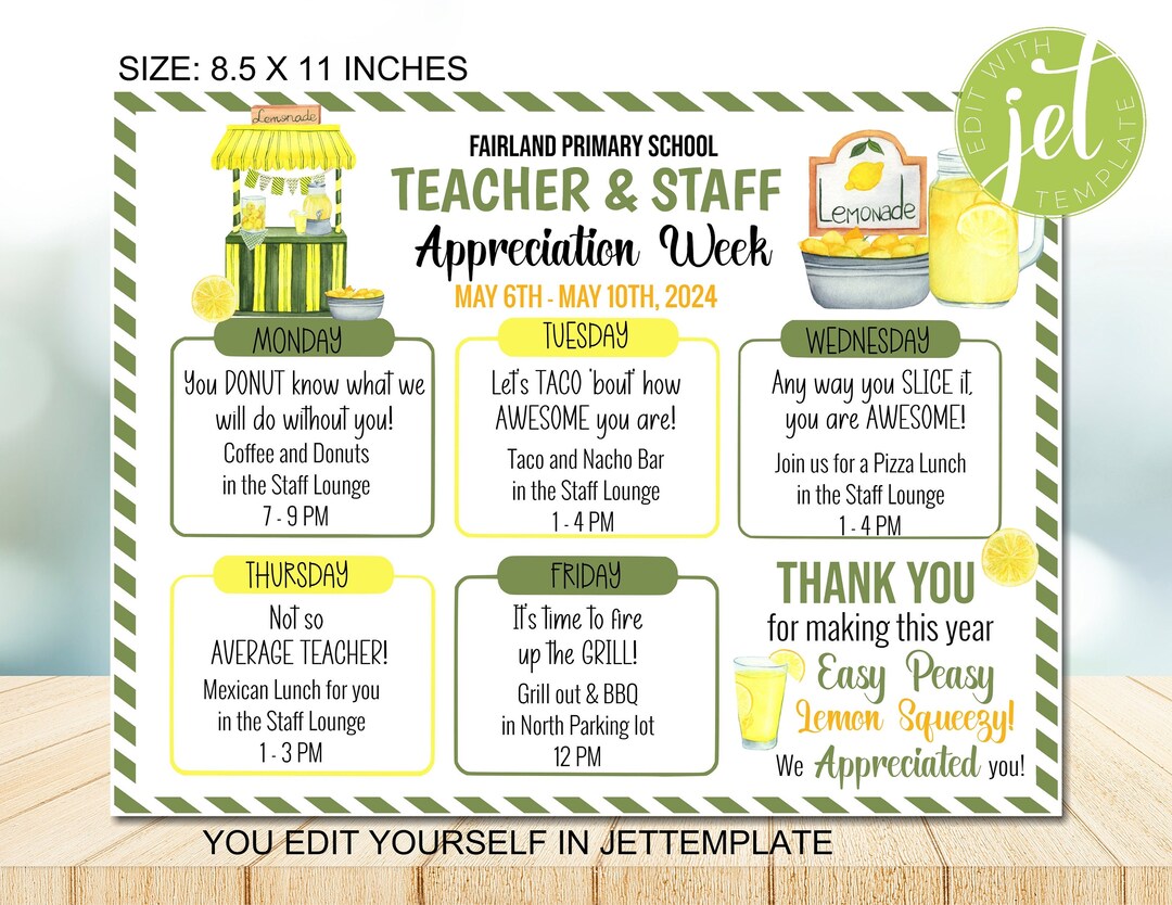 EDITABLE Lemonade Teacher and Staff Appreciation Flyer, Lemon Itinerary ...