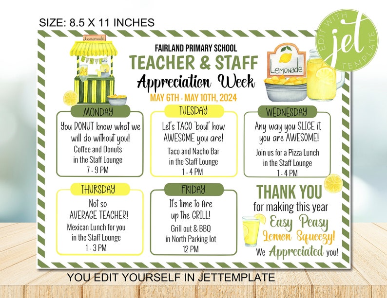 EDITABLE Lemonade Teacher and Staff Appreciation Flyer, Lemon Itinerary ...