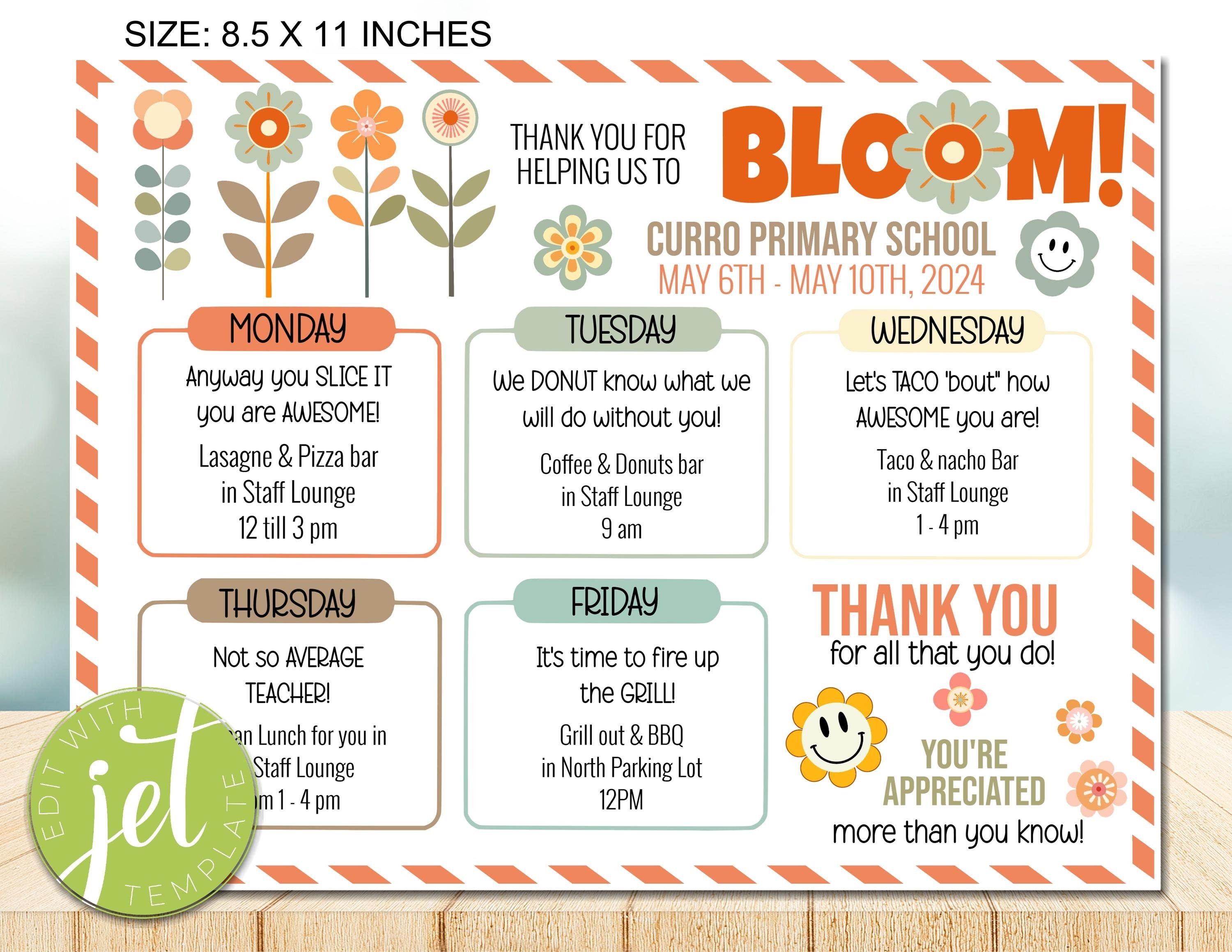 EDITABLE Teacher Appreciation Week Itinerary, Appreciation Bloom Grow ...