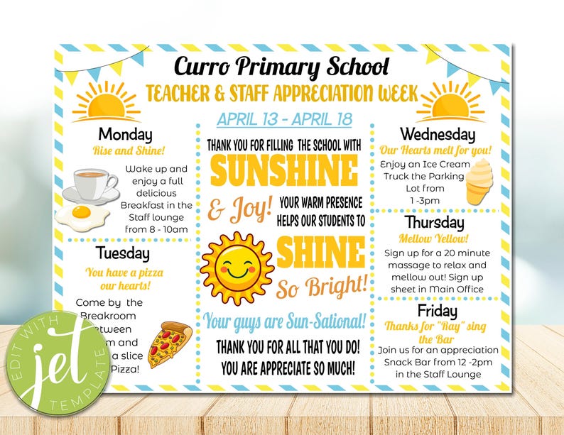 EDITABLE Yellow Sunshine Theme Teacher Appreciation Week Itinerary ...