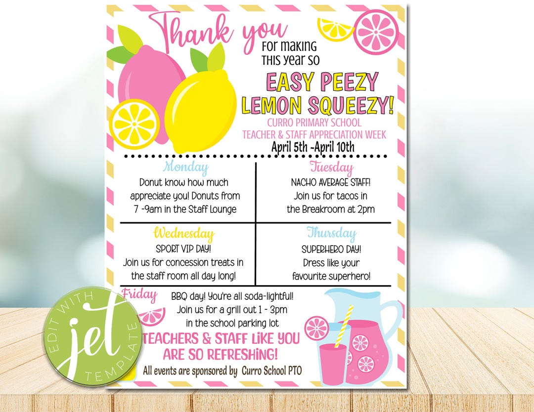Editable Teacher Appreciation Week Itinerary, Easy Peasy Lemon Squeezy ...