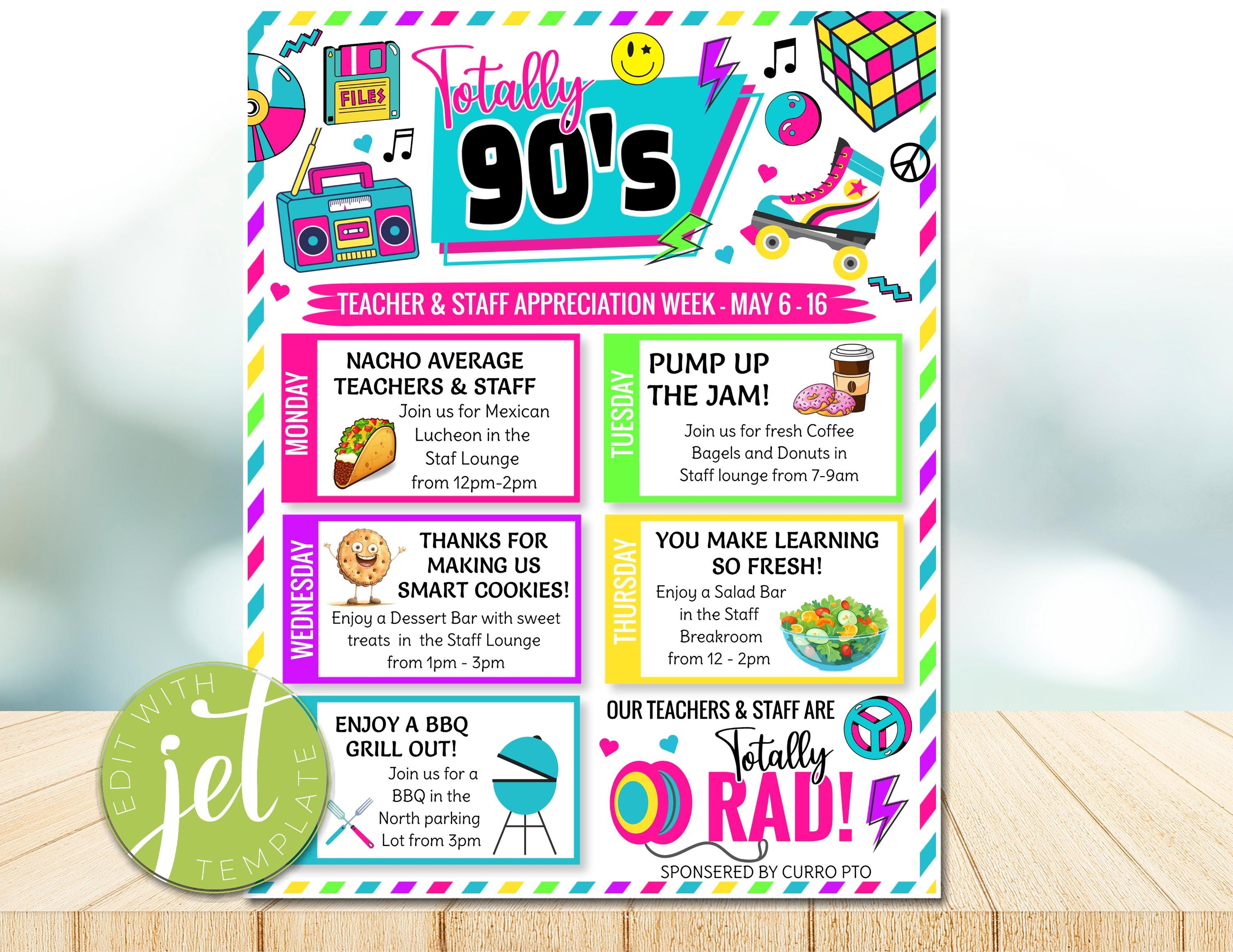 EDITABLE 80s 90s Theme Teacher Appreciation Week Itinerary, Retro ...