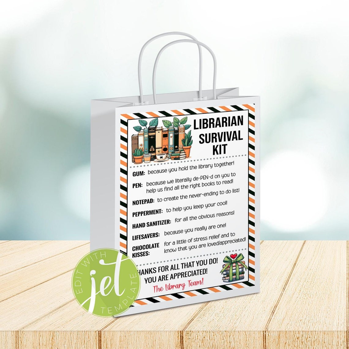 EDITABLE Librarian Survival Kit Printable Gift Bag Label, Back to ...