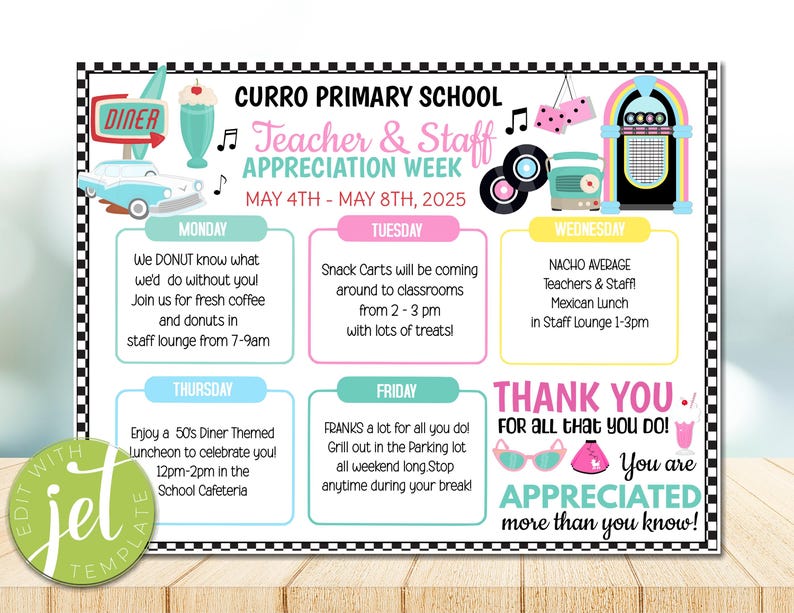 EDITABLE 50s Diner Theme Teacher Appreciation Week Itinerary, Retro ...