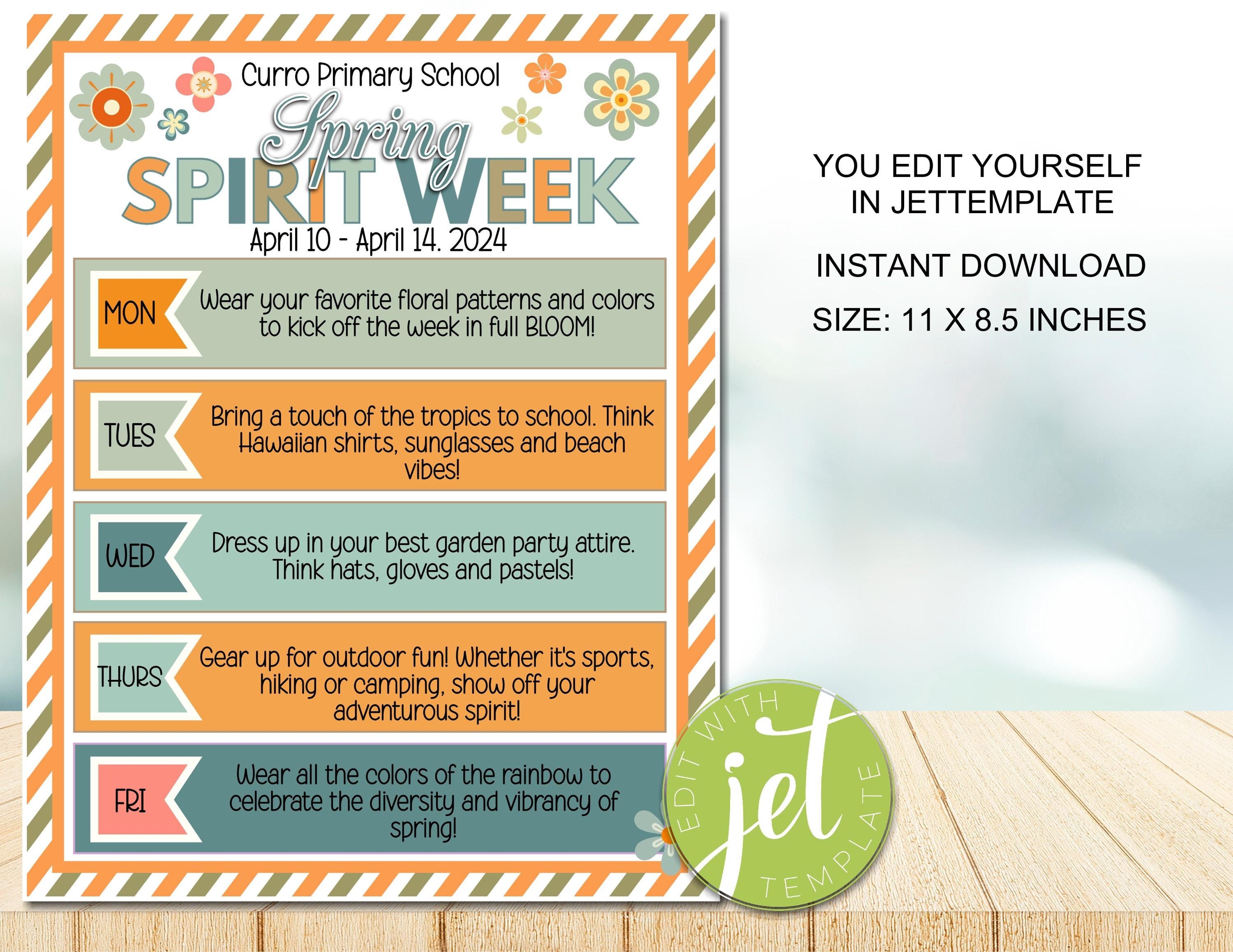 EDITABLE Spring Spirit Week Flyer Jettemplate Template, School Spirit ...