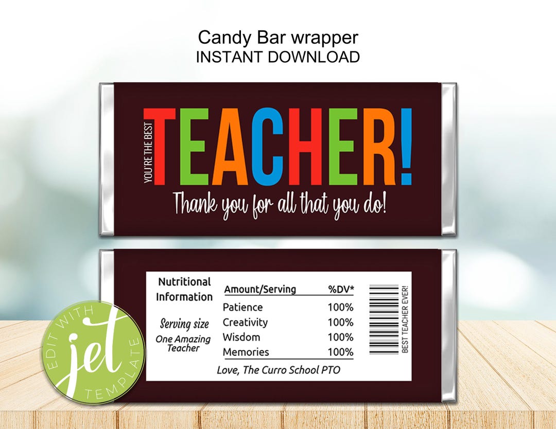 Editable Thank You Teacher Appreciation Candy Bar Wrappers, End of the ...