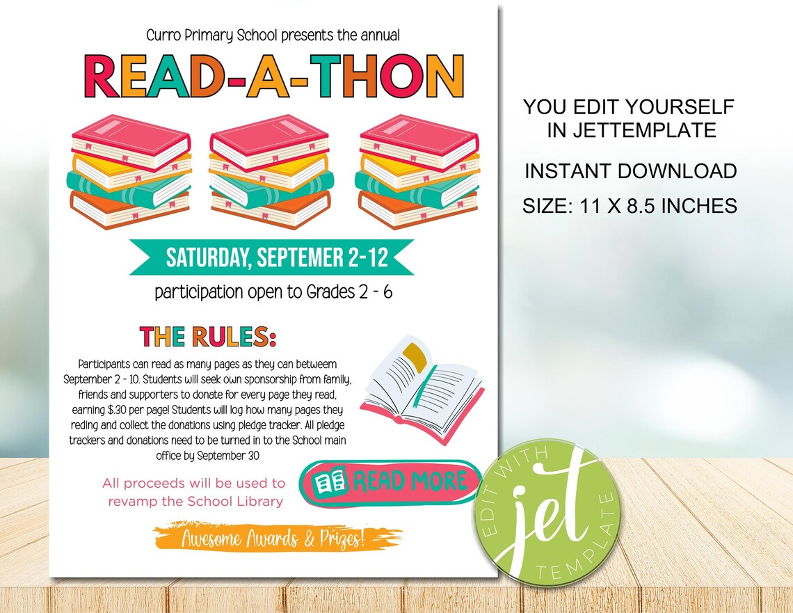 Editable Read-a-thon Flyer Template for Reading Literacy Fundraiser ...