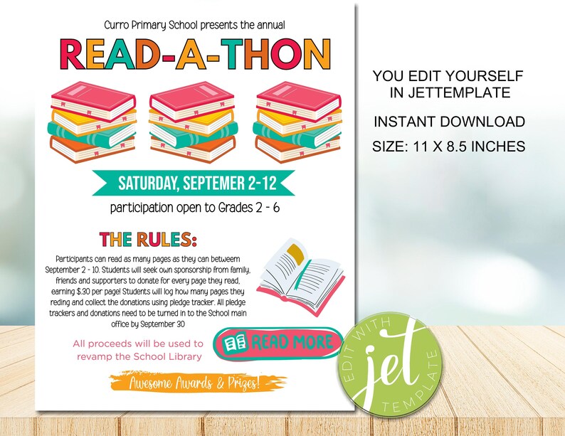 Editable Read-a-thon Flyer Template for Reading Literacy Fundraiser ...