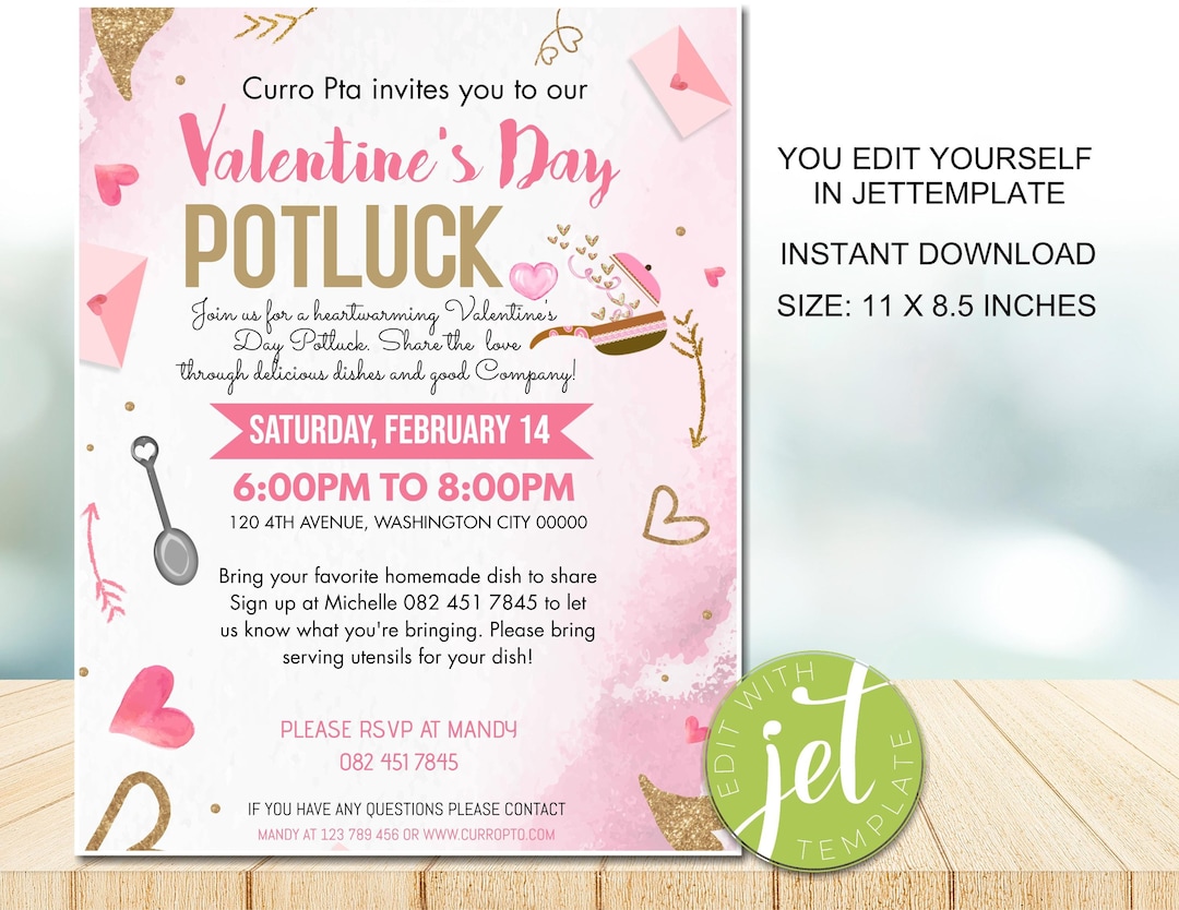 Editable Valentines Potluck Flyer Template, Work Potluck Party, PTO PTA ...