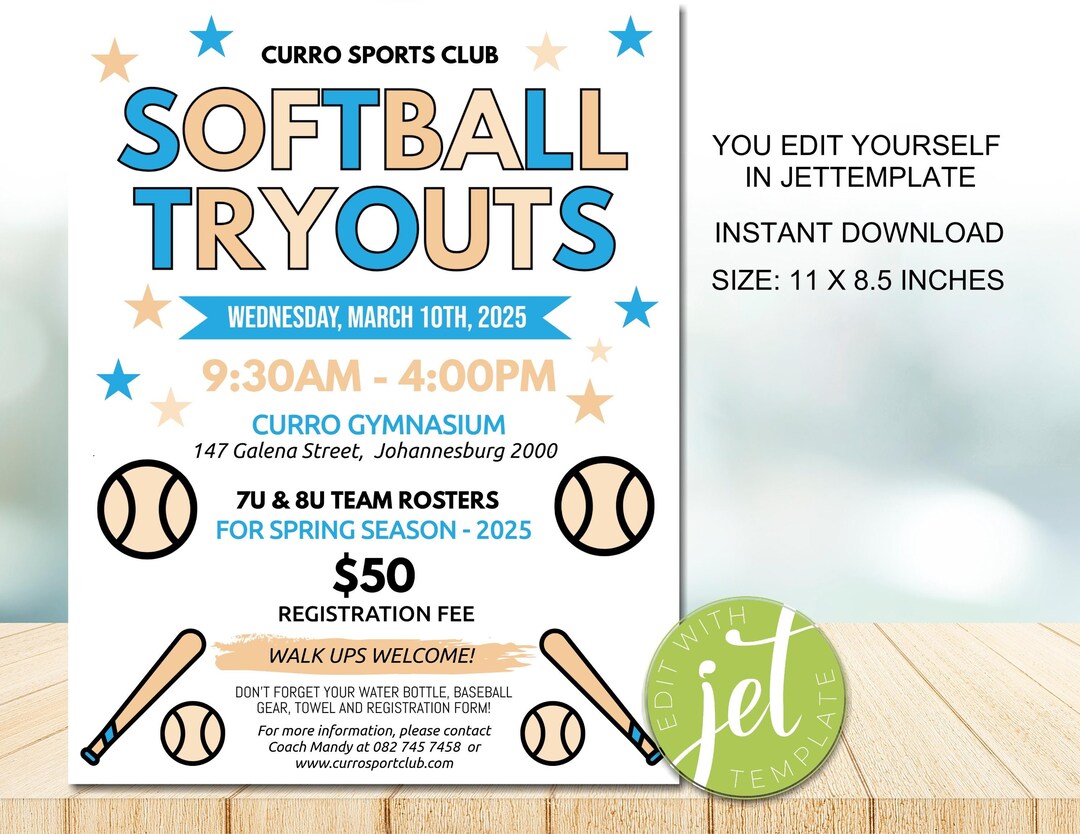 Editable Softball Tryout Flyer Editable Template, Sports Training Event ...