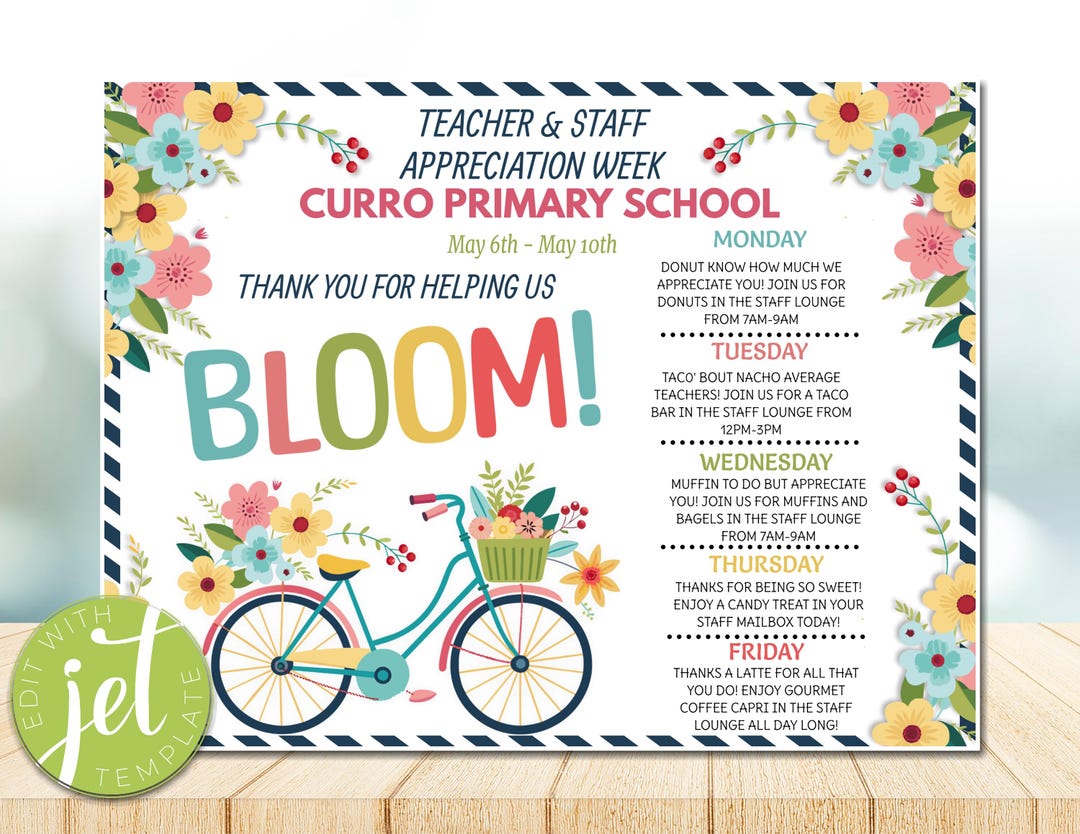 Editable Teacher Appreciation Week Itinerary, Appreciation Bloom Grow ...