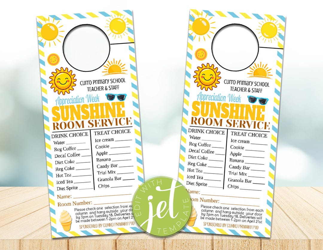 Editable Sunshine Theme Room Service Door Hanger, Teacher Staff ...