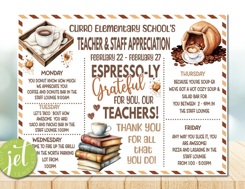EDITABLE Teacher Appreciation Week Itinerary,coffee Theme, Espresso-ly ...