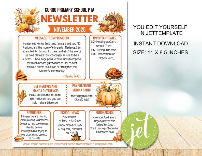 Editable November PTA Newsletter, Thanksgiving School News, School ...