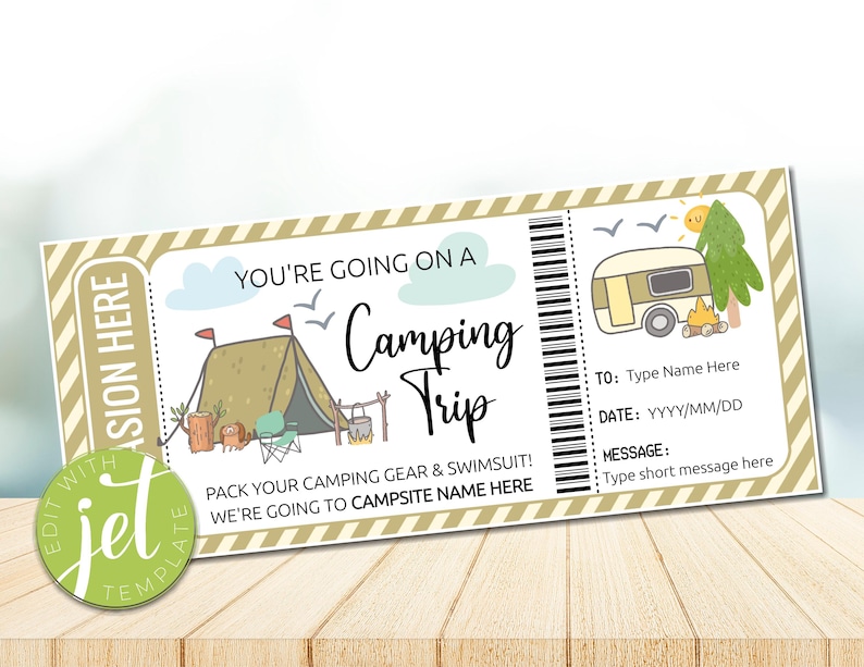 EDITABLE Camping Trip Vacation Gift Voucher, Camping Vacation Birthday ...